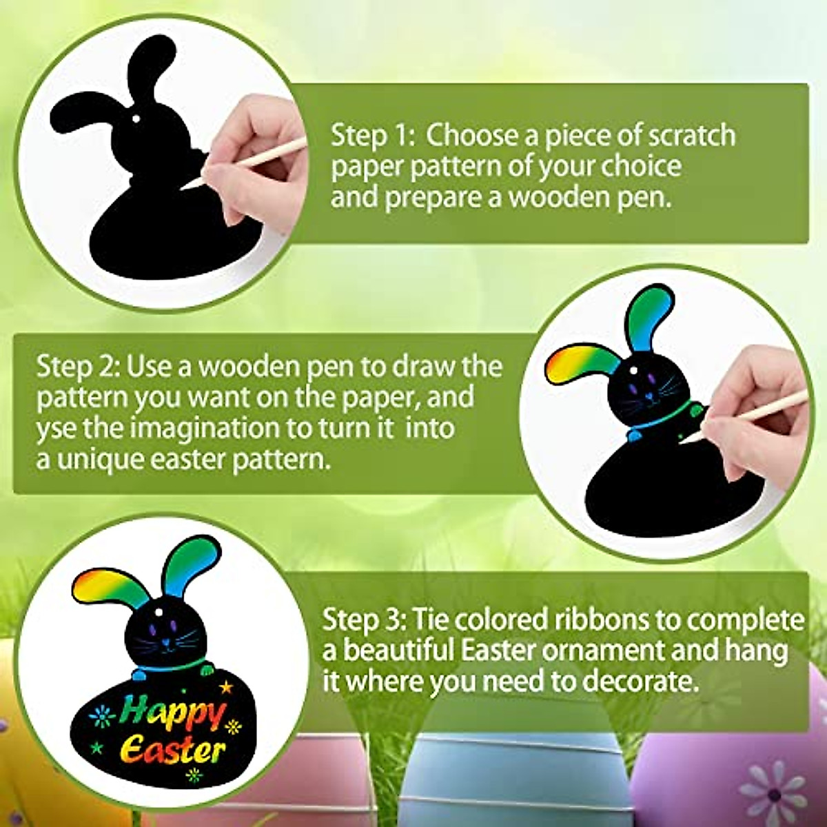 GOMANCHE 48 Pcs Easter Scratch Crafts for Kids, Rabbit Bunny Carrot Easter Egg Rainbow Scratch Paper Ornaments with Wooden Stick and Ribbon for Easter Party Favors