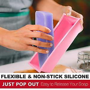 LERYKIN Rectangular Soap Mold Kit with Cutter- 42oz Flexible Silicone Loaf Soap Mold with Wood Box, Stainless Steel Wavy & Straight Scraper for Homemade Craft Soap Making Supplies