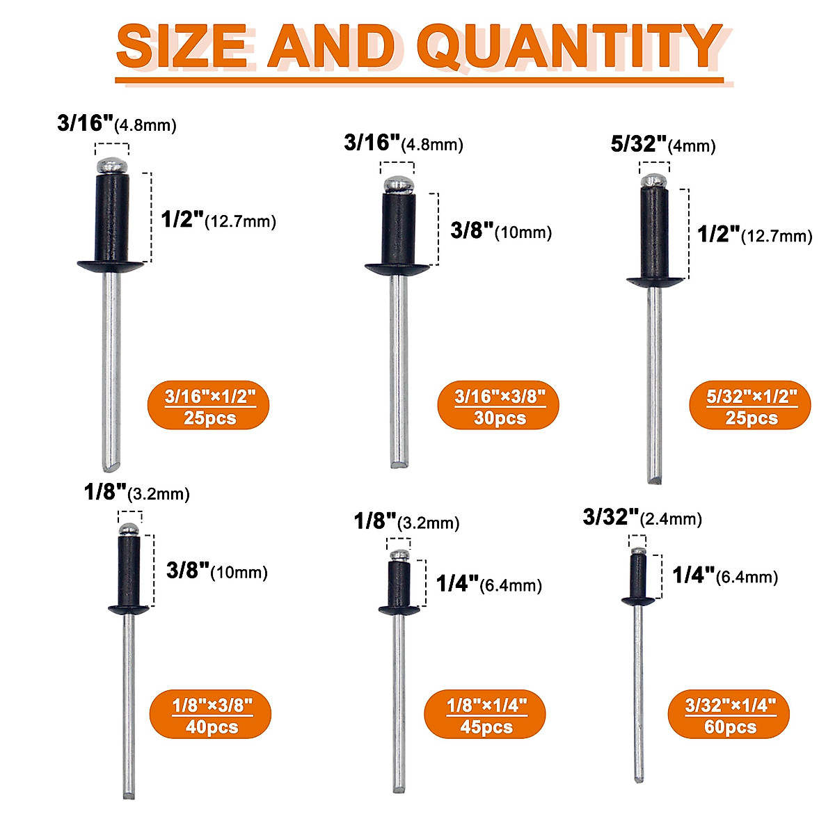 ISPINNER 225pcs Black Aluminum Blind Rivets Assortment Kit with Heavy Duty Hand Riveter Rivet Gun Tool, 6 Sizes Pop Rivets with Divider & Labeled Case