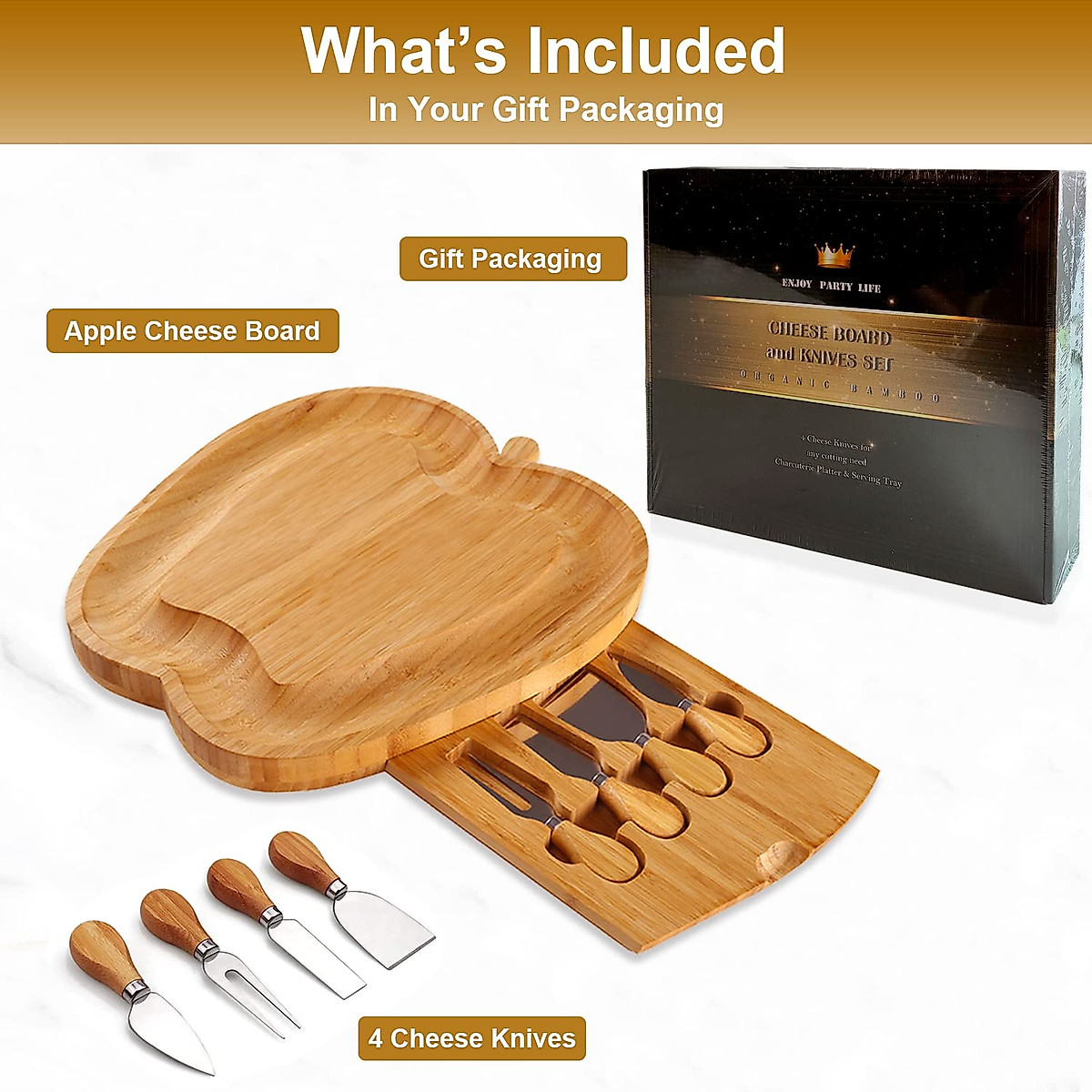 BOWEN EZ Bamboo Cheese Board with Knife Set, Large Charcuterie Boards for Kitchen Party, Apple Shaped Cheese Platter, Gift for Christmas, Housewarming, Hallows, New Years, Weddings