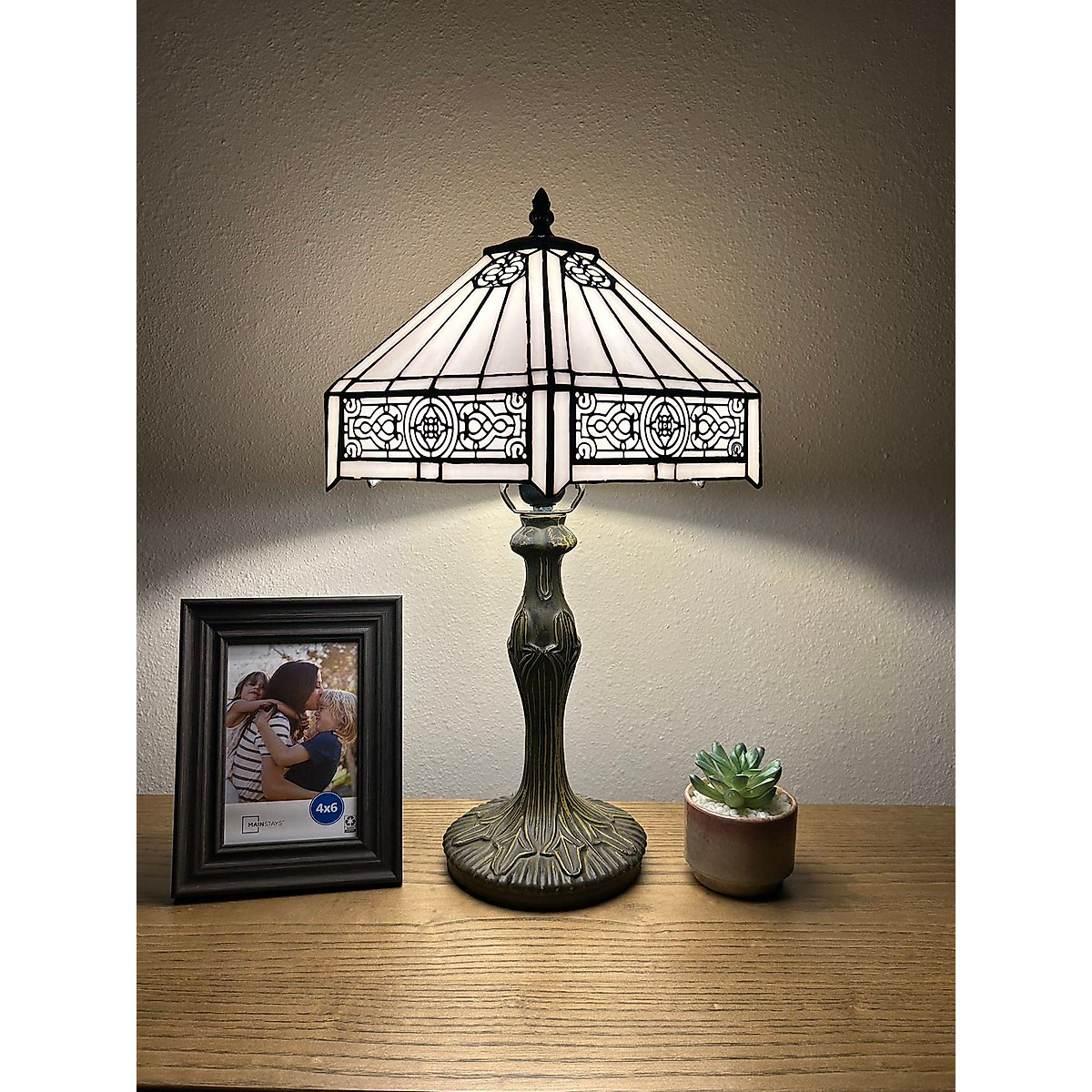 enjoy decor lamps Tiffany Table Lamp White Stained Glass Hexagon LED Bulb Included for Living Room Dining Room Bedroom Bedside 12'W*12" D*19" H