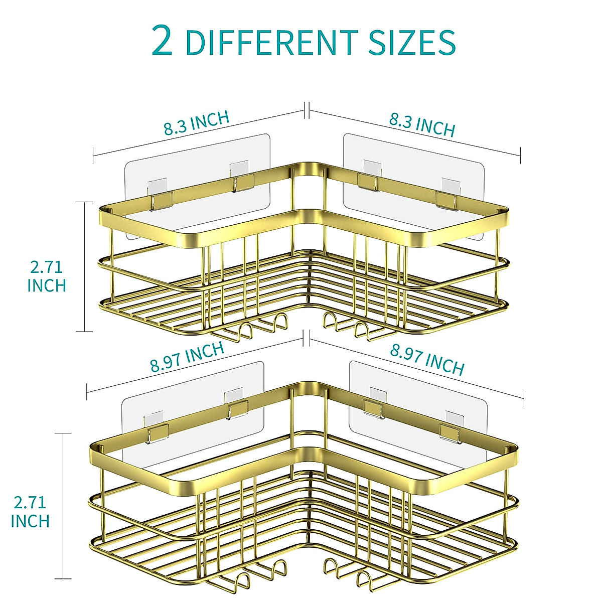 Yazoni Corner Shower Caddy, Adhesive Shower Shelves No Drilling [2-Pack], Rustproof Stainless Steel Bathroom Shower Organizer with 8 Hooks, Shower Shelf for Inside Shower (Gold)