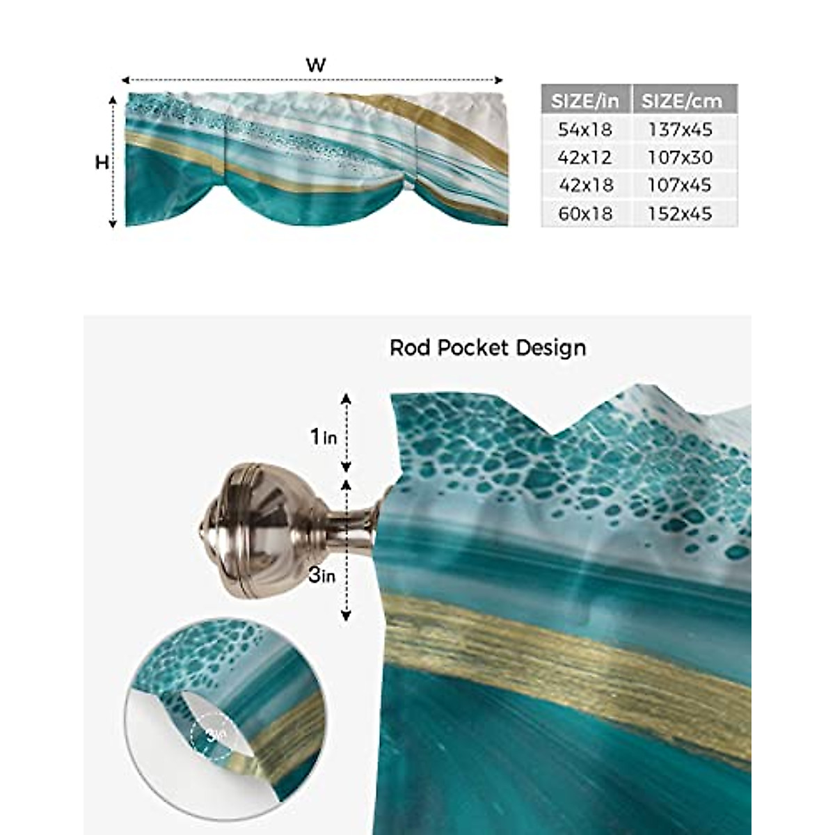 Abstract Tie Up Valance for Kitchen Windows, Turquoise White Gold Marble Texture Tie-up Curtain Shade Valances 42"x12" Rod Pocket Short Curtains Window Treatment for Living Room Stone Fluid Art