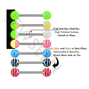 Jewseen 7Pcs 14G 316L Stainless Steel Tongue Bars Candy Color Tongue Piercings Glow in The Dark Tongue Barbell