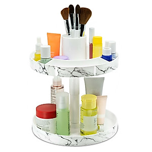 The Salon Project Makeup Organizer, 360 Degree Rotating Adjustable 2 Level Cosmetic Storage Display in White Marble - Fits Jewelry, Cosmetics, Makeup Brushes, Lotions, Skincare, and More.