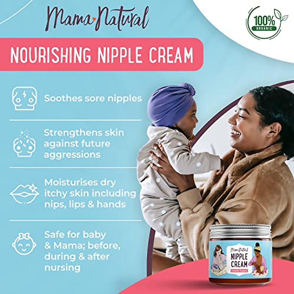 Mama Natural Nipple Cream for Breastfeeding (2 oz) | 100% Organic Nipple Balm Safe for Nursing | Probiotic Powered & Lanolin Free Organic Nipple Butter | Sore Nipple Relief Breastfeeding