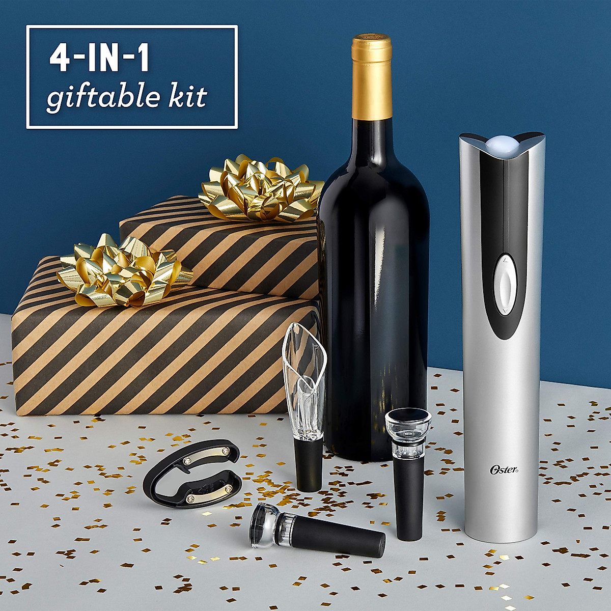 Oster Electric Wine Opener, Foil Cutter, Wine Pourer and Vacuum Wine Stoppers with CorkScrew and Charging Base, Black