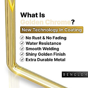 BENOLDY, 3 Tier Prism Gold Metal Frame Wall Mounted Floating Shelf with Pine Wood Rack - Decorative Storage Wall Shelves for Bathroom, Kitchen, Living Room, and Bedroom Organization