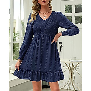Maggeer Spring Summer Long Sleeve Dress for Women 2024 A Line Swiss Dot Cowgirl Ladies Church Smocked Mini Babydoll Causal Dresses Navy L