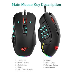 Havit Gaming Mouse Computer Ergonomic Wired Mice with 14 Programmable Buttons Interchangeable Side Plates (8 Buttons/ 8+6 Side Buttons), 2 Replaceable Right Plates for Laptop PC Gamer (Renewed)