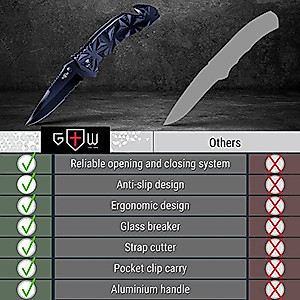 Black Pocket Knife - Serrated Sharp 3,5" Blade Folding Knives - Spring Assisted EDC Tactical Hunting Camping Knofe with Wire Cutter Glass Breaker and Pocket Clip for Men Women - Best Gift Idea HB 207