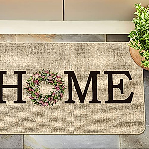 Artoid Mode Home Tulips Lily Wreath Decorative Doormat, Seasonal Spring Holiday Low-Profile Floor Mat Switch Mat for Indoor Outdoor 17 x 29 Inch