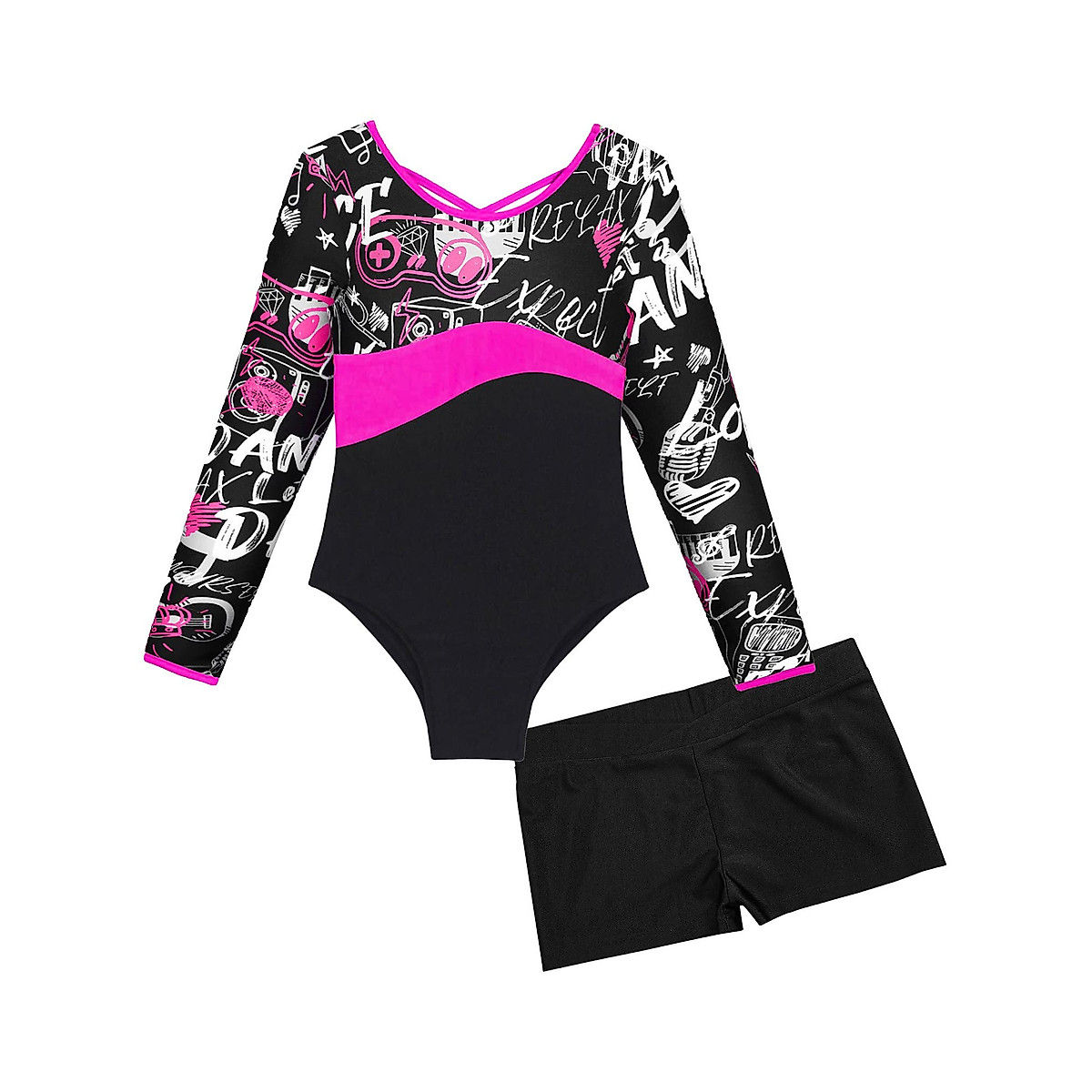 Jhaoyu Kids Girls Ballet Dance Gymnastics Leotards Long Sleeve Printed Bodysuit Unitard with Biketards Shorts Tracksuit Rock Rose 8 Years