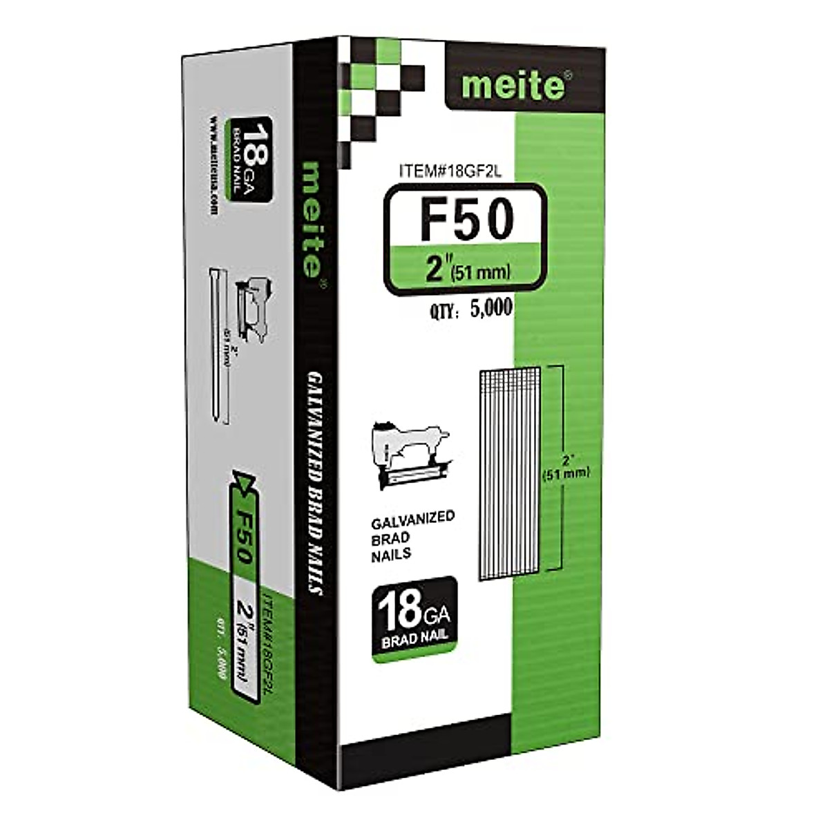 meite F50 18 Gauge 2-Inch Leg Length Galvanized Brad Nail Ideal for Upholstery, Trims, Molding, Woodworking 5000pcs/Box (1 Box)
