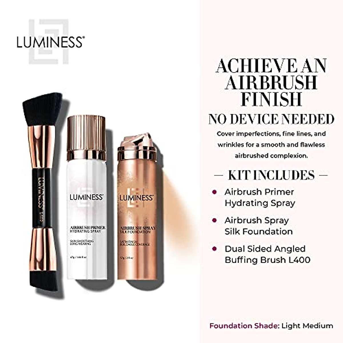 LUMINESS Silk Airbrush Spray Foundation Makeup Starter Kit- Full Coverage Foundation, Primer & Dual-Sided Buffing Brush-Buildable Coverage, Anti-Aging Formula Hydrate & Moisturize (Shade-Light Medium)