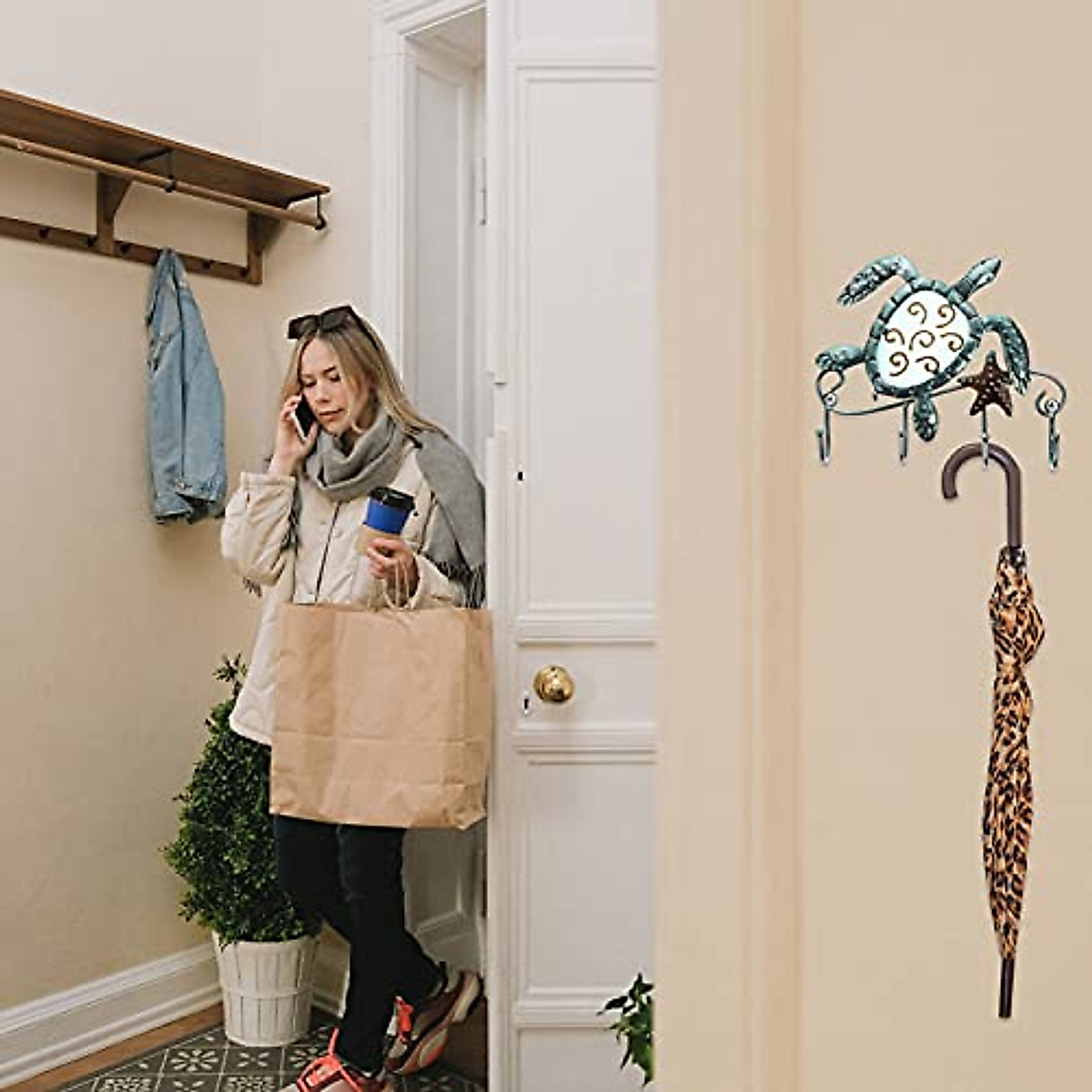 Garneck Rustic Iron Wall Hooks Key Rack Holder Metal Sea Turtle Wall Sculpture Nautical Coastal Wall Hanger Robe Hooks Clothes Hat Coat Towel Hooks for Bedroom Bathroom Kitchen