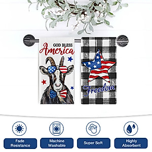 Seliem 4th of July God Bless America Patriotic Goat Kitchen Dish Towel Set of 2, Freedom Star Buffalo Plaid Check Hand Towel Drying Baking Cooking Cloth, Summer Holiday USA Kitchen Decor 18x26 Inches