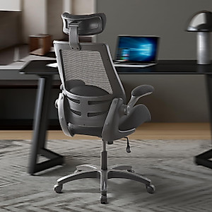 BOLISS Office Chair,with Thicken Seat Cushion Waist Support Adjustable Headrest Flipped Arms Erogonomic Office Desk Chair,Suilt for Home and Office-Gry