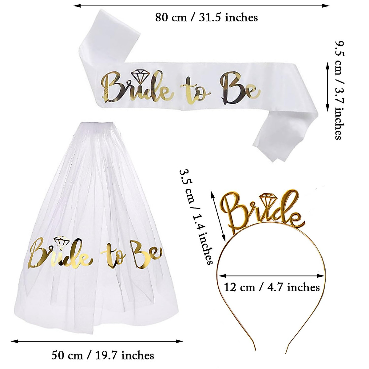 Chewarelly 3 Pack Bride to Be Decorations Set, Bride to Be Sash, White Bride Veil, Bride Headband Tiara for Bachelorette Party Bridal Shower Decoration(White with Gold)