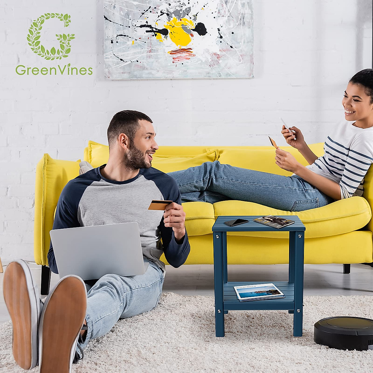 GREENVINES Adirondack-Outdoor-Side-Table | Set of 2 | 14 x 13 Inches | HDPE Plastic | All Weather | Blue | Outside End Tables | Storage Shelf | for Patio Porch Backyard Indoor