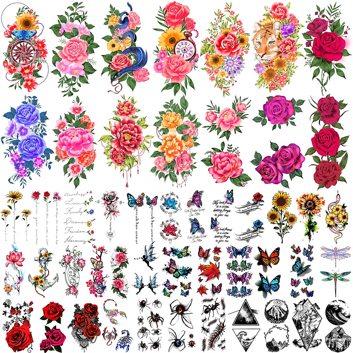 Yazhiji 49 Sheets Temporary Tattoos for Women and Men 3D Extra Large Waterproof Sexy Flowers Fake Tattoo Kits