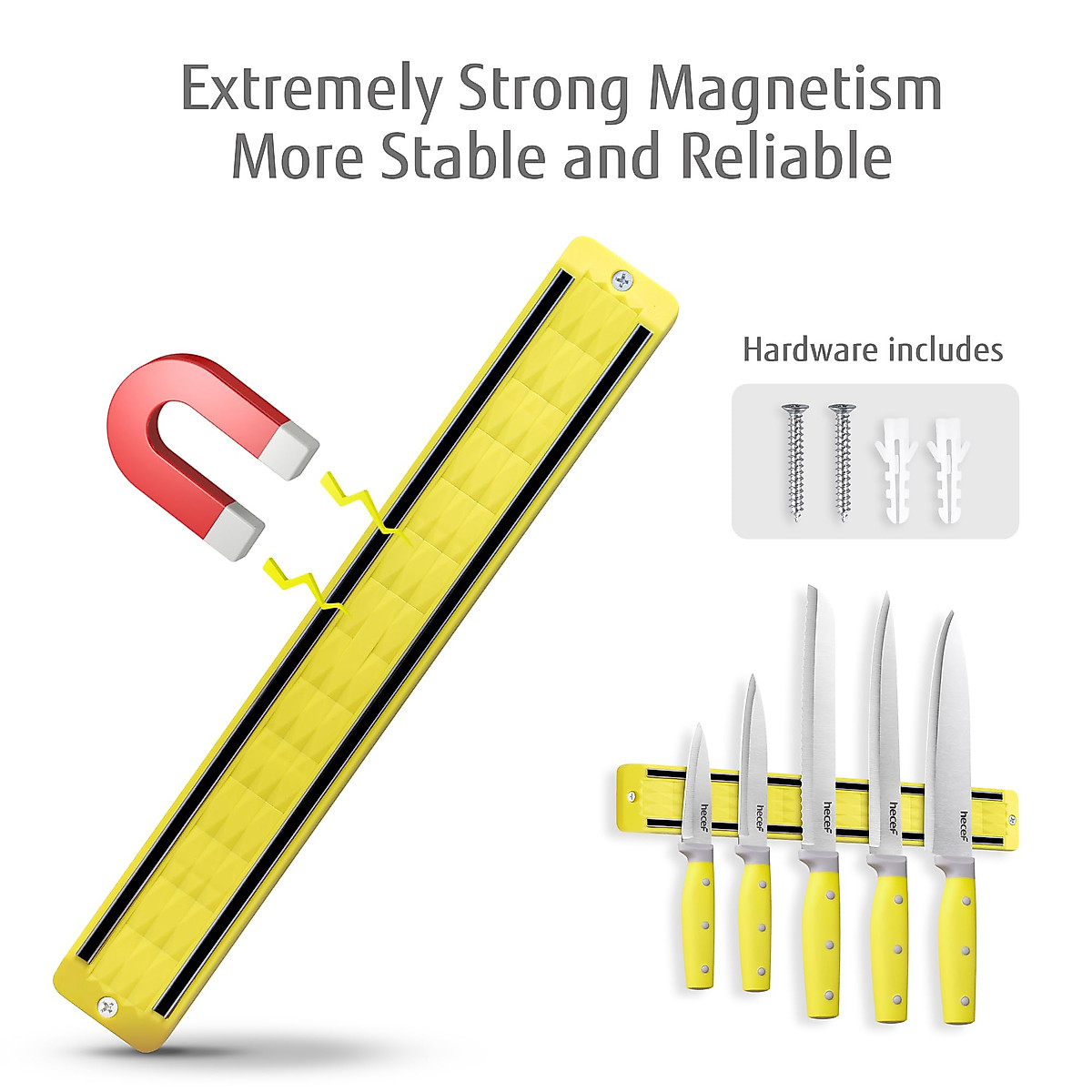 hecef Kitchen Knife Set with Magnetic Strip, 6 pcs Professional Knives Set for Kitchen, 13-inch Magnetic Strip Stainless Steel Sharp Chef Knife Set with Yellow Handle for Cutting Meat & Vegetable