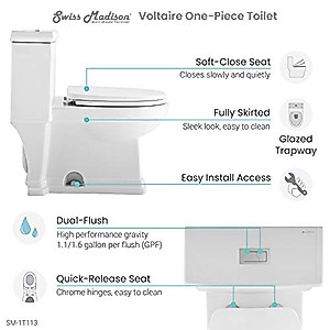 Swiss Madison Well Made Forever SM-1T113 Voltaire One Piece Elongated Toilet Dual Flush 0.8/1.28 GPF, White