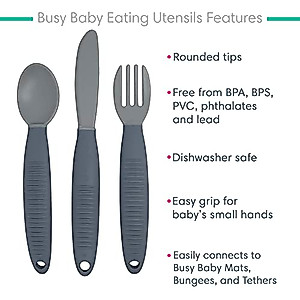 BUSY BABY Bungee Bib & Utensils Bundle | Silicone Bib for Babies & Toddlers with Tethers to Attach Utensils and Keep Them Off The Floor | Dishwasher Safe, BPA Free (Spearmint)