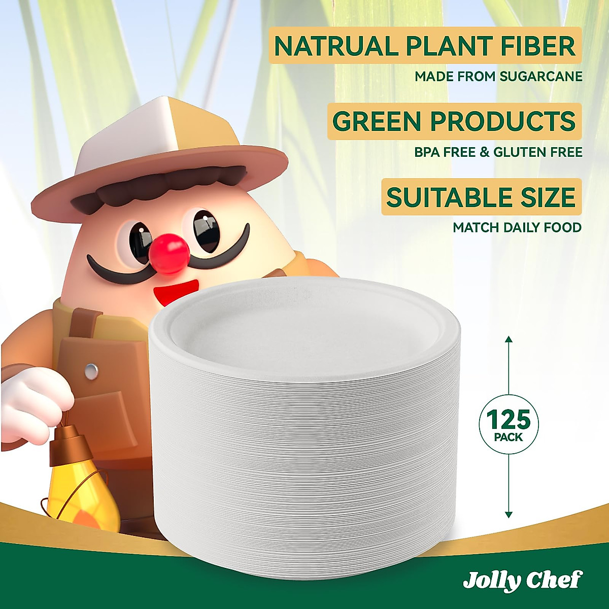 JOLLY CHEF Compostable Heavy Duty Plates 9 Inch [125 Pack] Eco-Friendly Disposable Natural Paper Plates Bagasse Biodegradable Bulk for Party Dinner Sugarcane Fibers Round 125 Count(White)