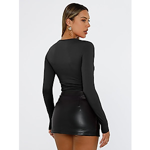 Trendy Queen Womens Long Sleeve Shirts Basic Tees Crop Tops Going Out Spring 2025 Workout Outfits Y2k Clothes Black S