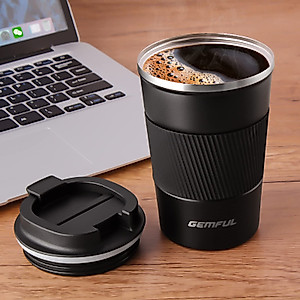 GEMFUL To Go Coffee Mug with Lid 13 oz Insulated Coffee Cups Spill Proof Travel Tumbler Leak Proof Vacuum Stainless Steel Reusable for Hot Cold Drinks Women Men (Black)