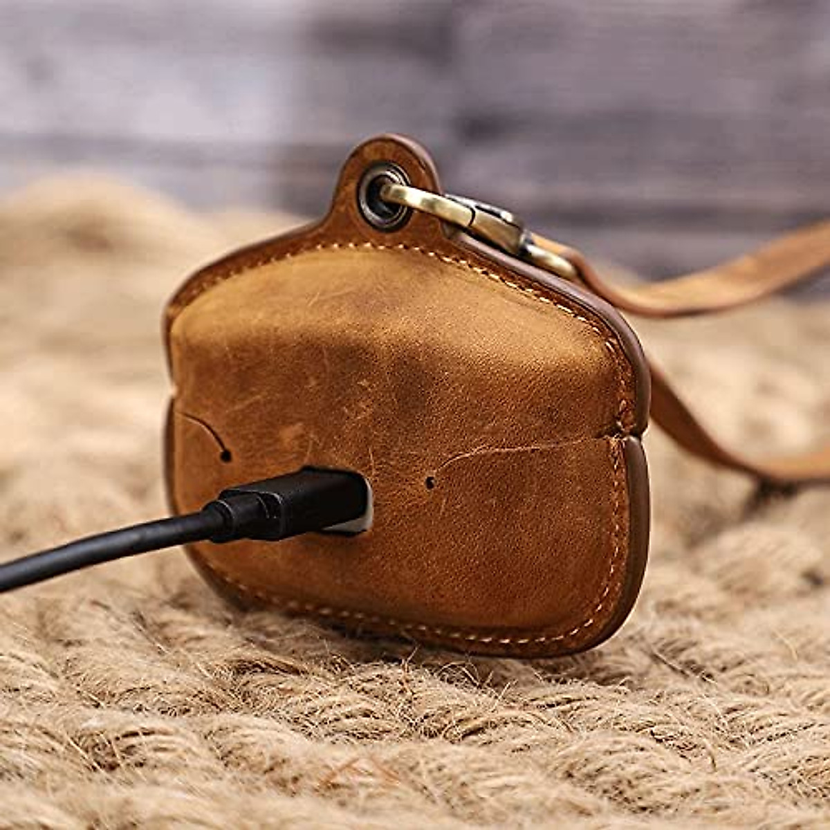 Genuine Leather Case Compatible with Sony WF-1000XM4 True Wireless Earphone Protective Case Crazy Horse Leather Cover with Leather Lanyard (Brown)