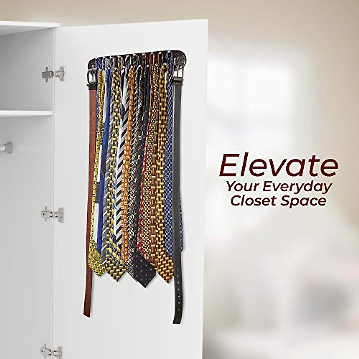 Richards Homewares 21 Closet Tie Rack, Belt Scarf Hanger-Natural Dark Walnut Wood with Chrome Hooks-Multi Accessory Wall Mounted Holder for Storage and Organization