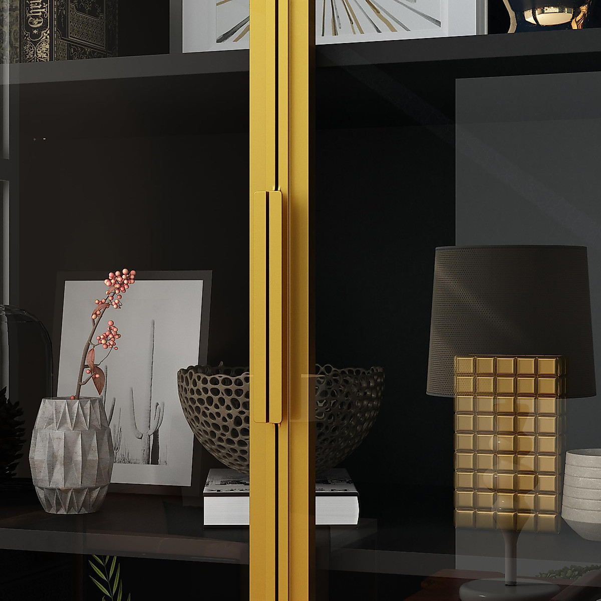 ECACAD Modern Bookcase Storage Cabinet with 2 Glass Doors and 3 Ripple Drawers, Wood Bookshelf Display Cabinet with Metal Legs for Living Room & Office, Black (31.5”L x 15.7”W x 71.9”H)