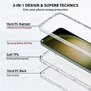 Lamcase for Samsung Galaxy S23 Plus Case 6.6 Inch, [with 2Pcs Tempered Glass Screen Protector+2Pcs Camera Lens Protector] Shiny Sparkly Bling Three Layer Shockproof Cover 2023, Clear/Silver Glitter