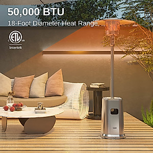 EAST OAK 50,000 BTU Patio Heater and Cover, Stainless Steel Outdoor Patio Heater With Table Design, Triple Protection System, Wheels, Propane Patio Heaters for Commercial and Residential