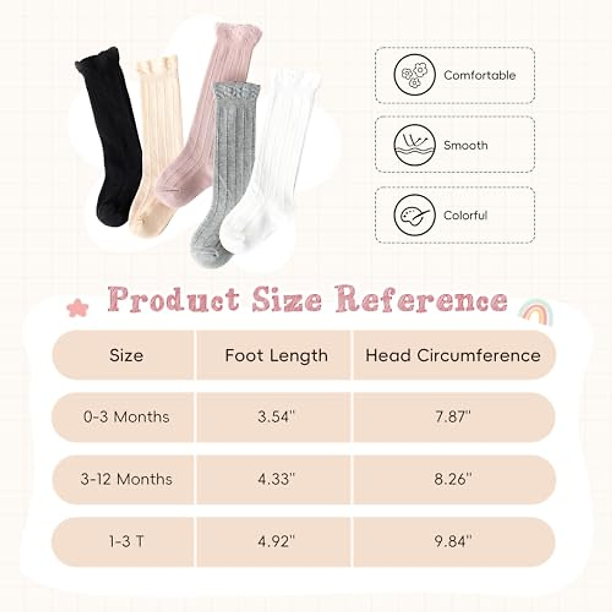 Durio Knee High Socks for Girls Toddler Newborn Baby Girl Socks Infant Cotton Stockings Tube Ruffled Unisex Tights White 12-36 Months