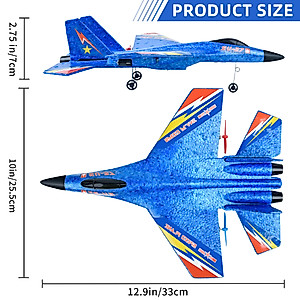 YIDJOFJ RC Gravity Gliders Airplane, Remote Control Plane Su-27 RC Airplane-2.4Ghz 6-axis Gyro RC Airplane with Light Strip, 2 Batteries Easy to Fly Jet Fighter Toy Gift for Kids Beginner (Blue)