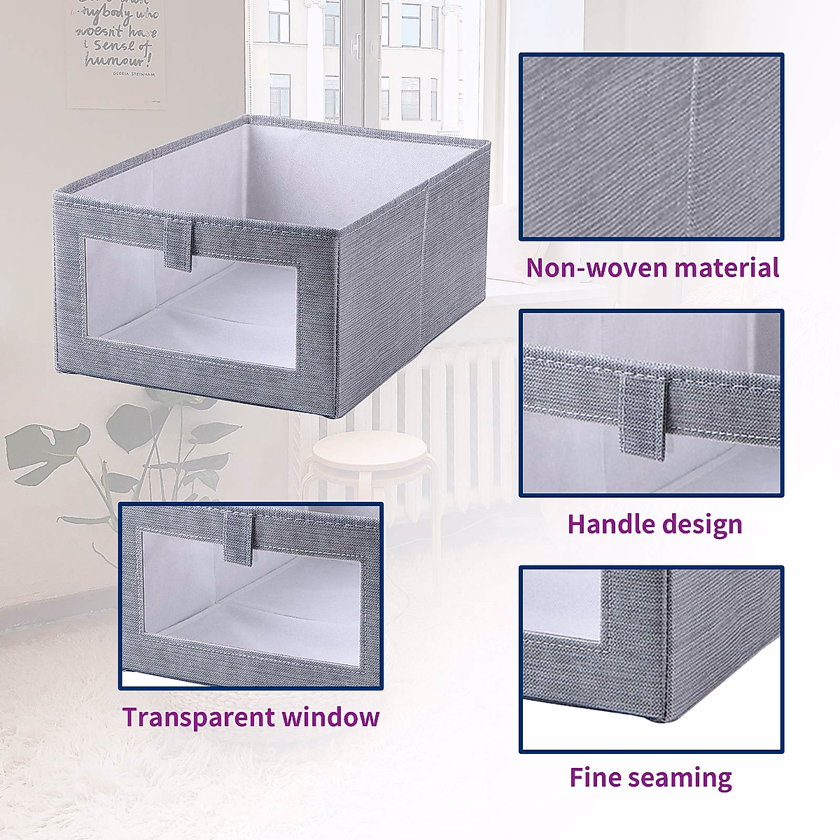 FITY Foldable fabric storage box,storing clothes,toys,books,office supplies,with transparent window,suitable for children's room,bedroom,closets,office storage cabinets,4 PCS (light gray) (Large)