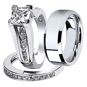 MABELLA Wedding Ring Sets Couples Rings Women's Size 10 Sterling Silver Princess Cubic Zirconia Men’s Size 12 Stainless Steel Bands