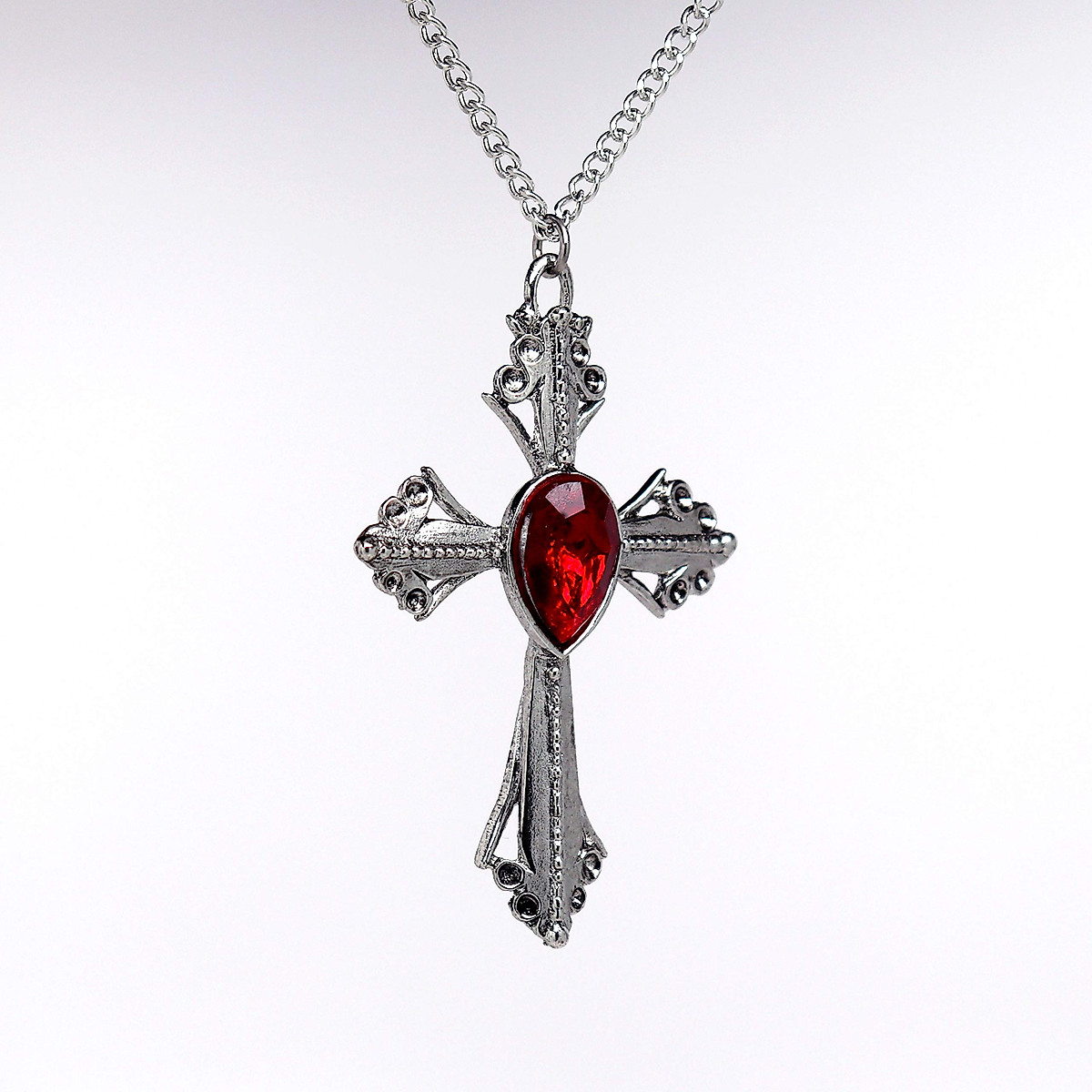 Medieval Renaissance Cross with Red Stone Silver Finish Pendant Necklace