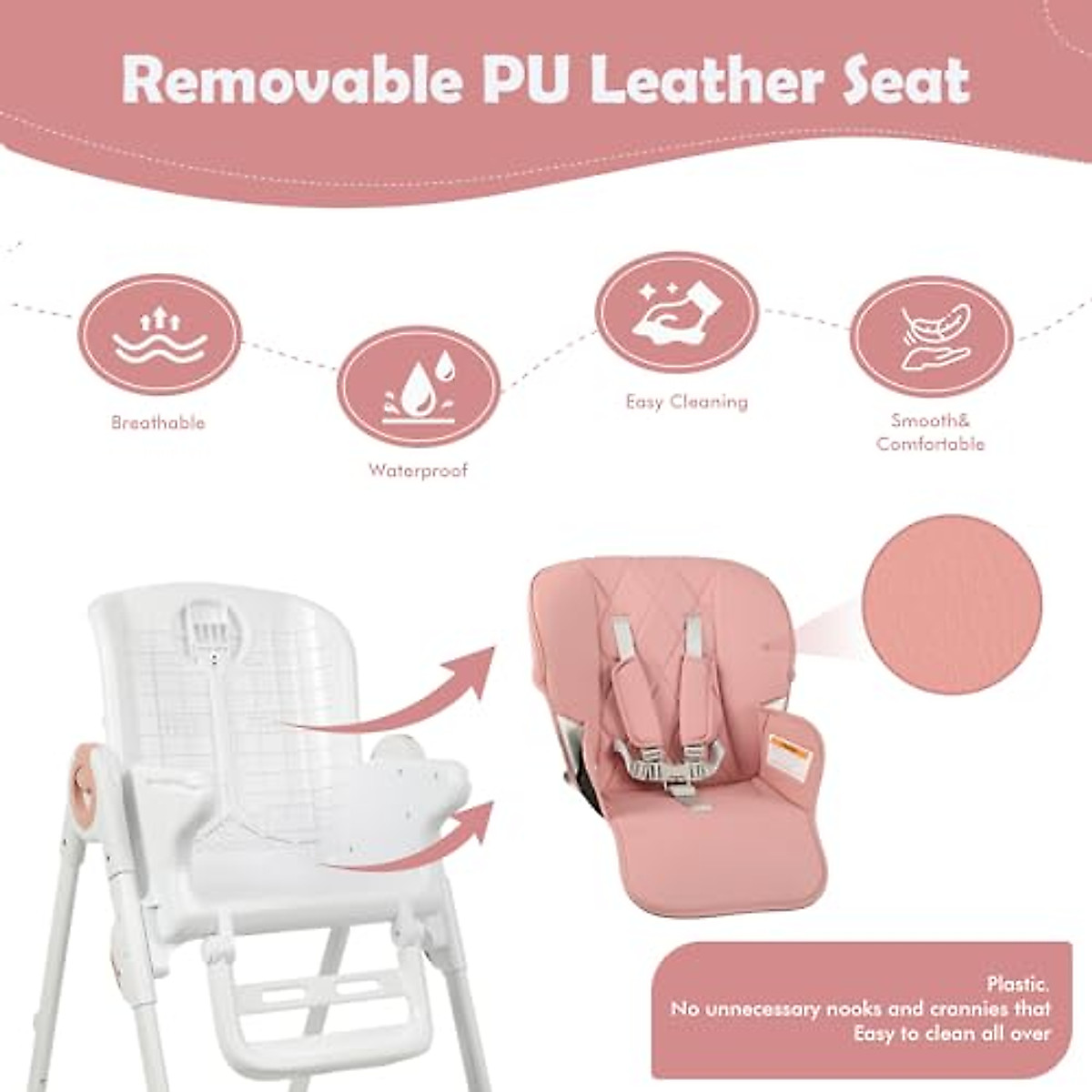 babimoni 4 in 1 Baby High Chair, High Chairs for Babies and Toddlers, Portable Feeding and Eating Seat, Foldable Highchair with 4 Levels of Recline and 7 Levels of Height Adjustment (Pink)