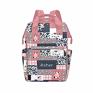 Yeshop Cute Cow Print Personalized Diaper Bag Backpack Tote with Name,Custom Travel Nappy Mommy for Baby Girl Boy Gift, 10.83 * 6.69* 15