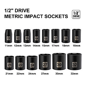 Mayouko 1/2" Drive Shallow Metric Socket Set, CR-V, 6 Point, 14 Pieces, 11mm to 32mm
