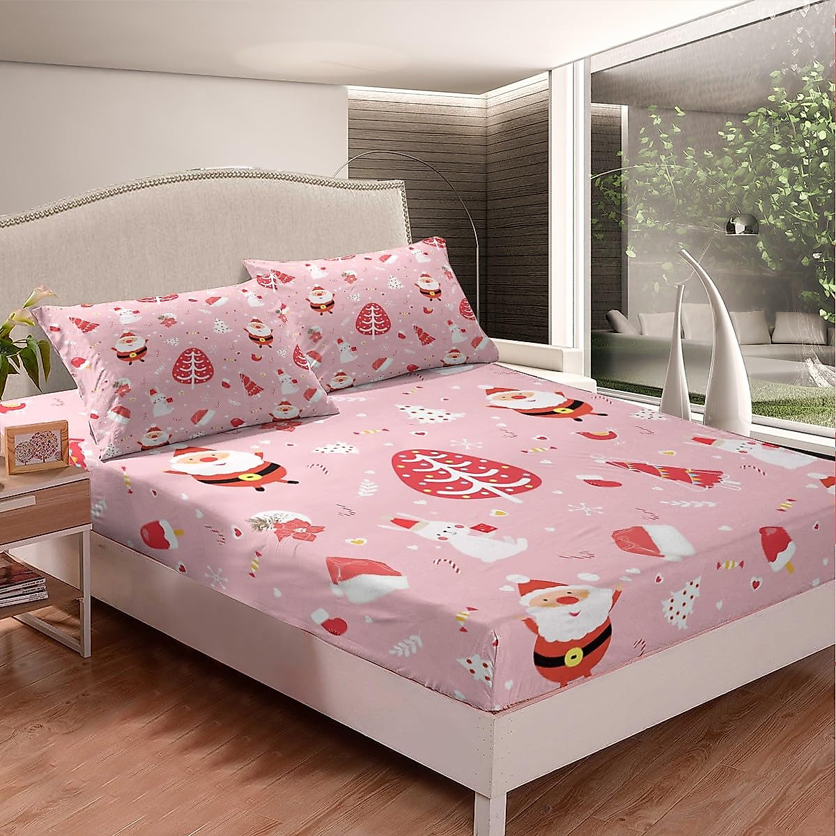 Feelyou Santa Claus Sheet Set Cute Rabbit Kawaii Pink Bed Set for Kids Boys Girls Decor Merry Christmas Bed Sheets Girly Pink Sheets Bedroom Collection 3Pcs Twin Size