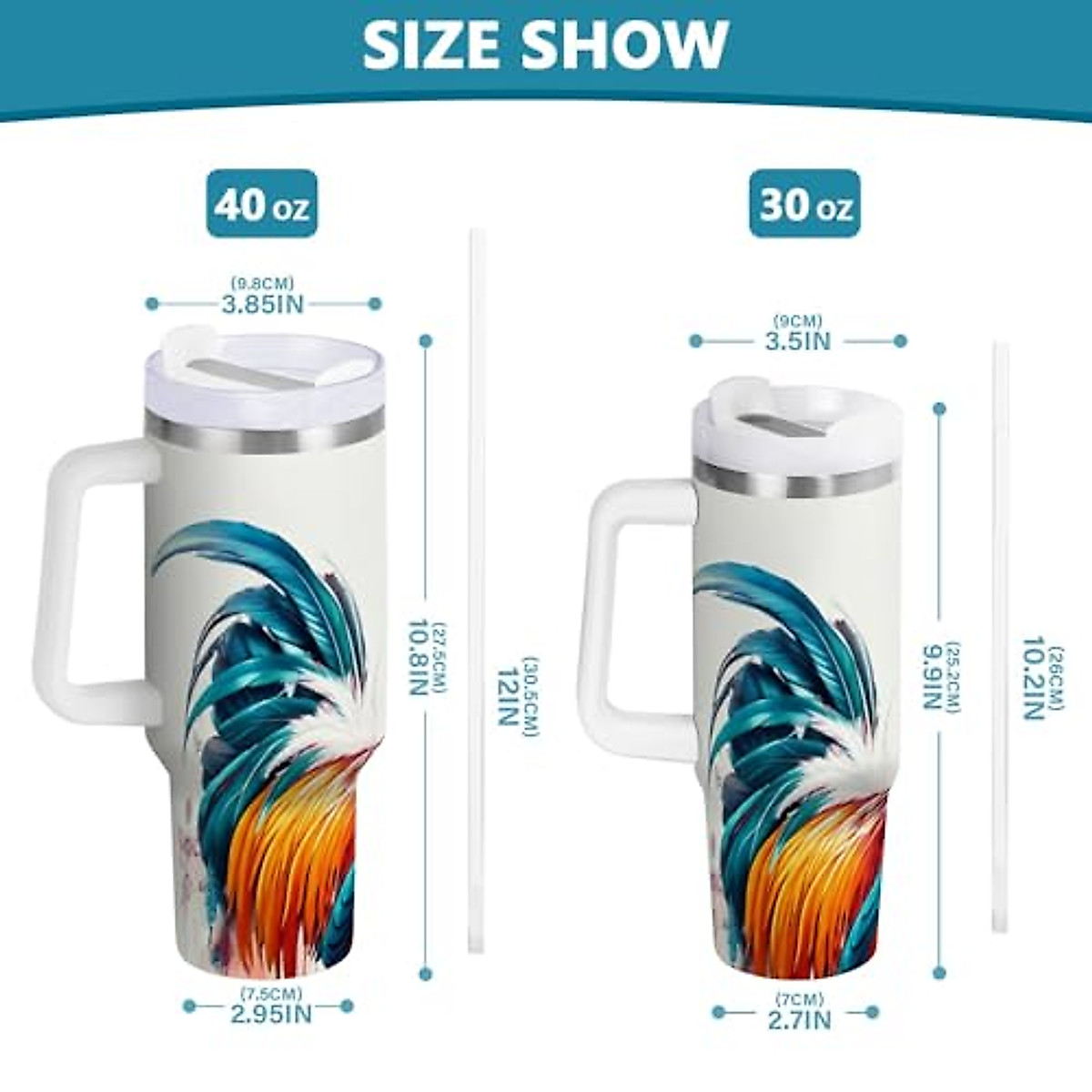 ODAWA Large Travel Coffee Tumbler with Straw and Handle, Rooster Beige Spill Proof Tumbler with Straw