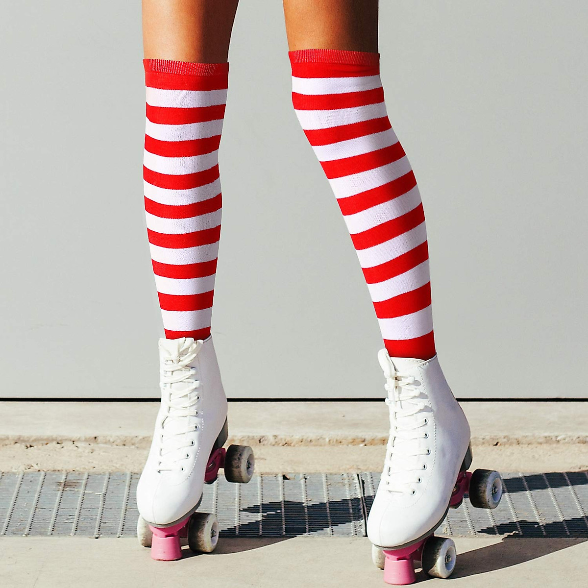 Tatuo 2 Pairs Women's Long Striped Socks over Knee Thigh High Stockings for Halloween St. Patrick's Day Mardi Gras Socks(Red and White)