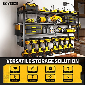 SOYEEZE Power Tool Organizer with Charging Station and 8 Outlets Power Strips,8 Drill Holders 4 Layer Garage Storage Wall Mount,Premium Utility Tool Rack & Shelf, Husband gifts