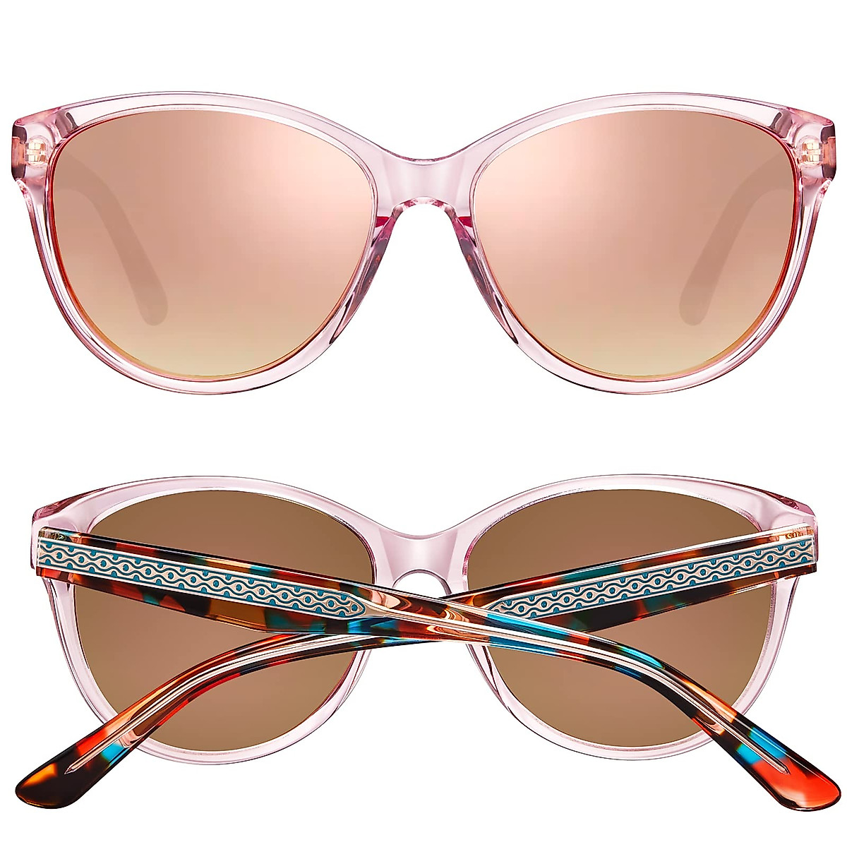 CARFIA Pink Mirrored Cateye Sunglasses for Women Polarized UV Protection, Handcrafted Acetate Frame with Embossed Wire Core