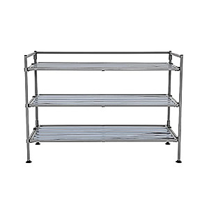 Seville Classics Sturdy Freestanding Storage Shelf for Bedroom, Closet, Entryway, Dorm Room Organizer Stackable Durable Metal Shoe Rack Silver Mist Slat, 3-Tier